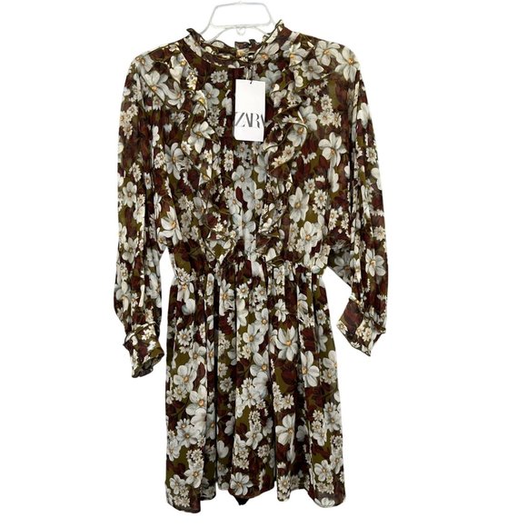 Zara | Dresses | Zara Floral Dress L Olive Green White Rust Built In ...